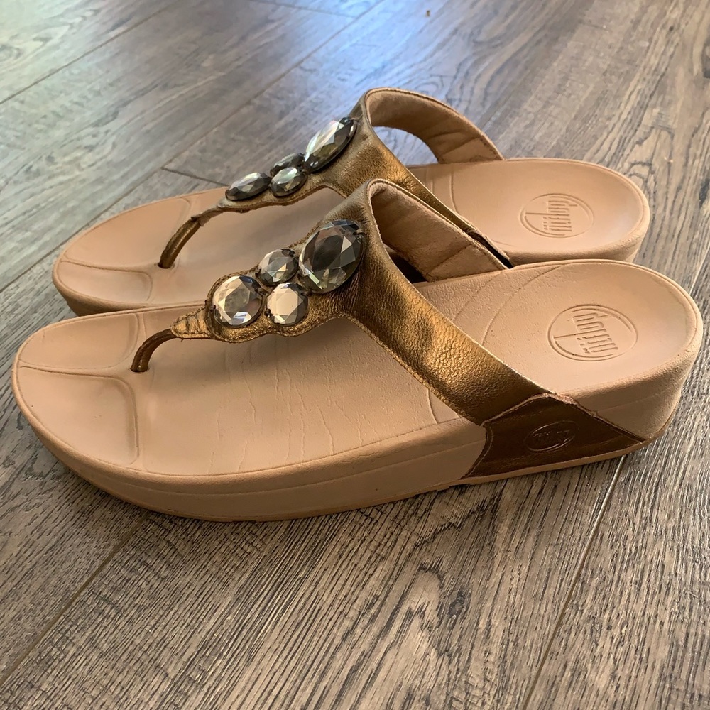 Fitflop Lunetta Thong Rhinestone Gold Sandals Sz 9 - Gem